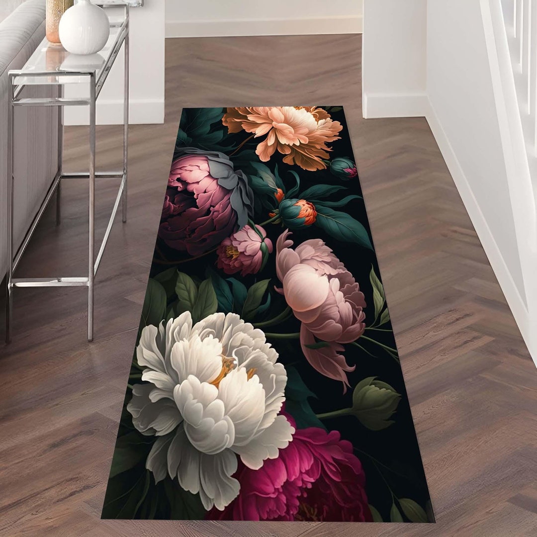 Floral Runner Rug for Hallway, Vintage Peony Pattern Carpet, Elegant ...