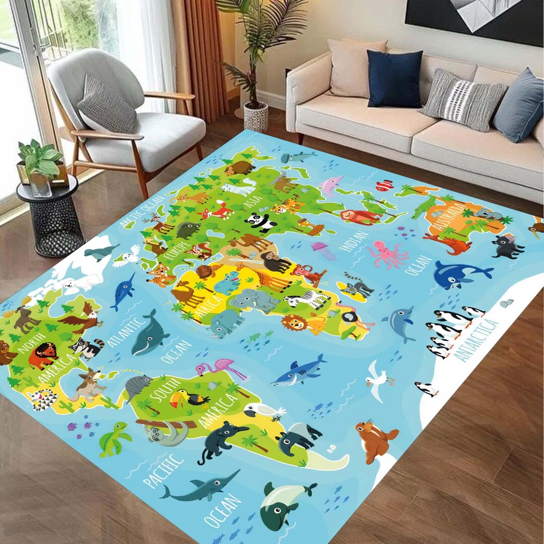 Kids World Map Rug, Educational Animal Play Mat for Nursery, Classroom ...