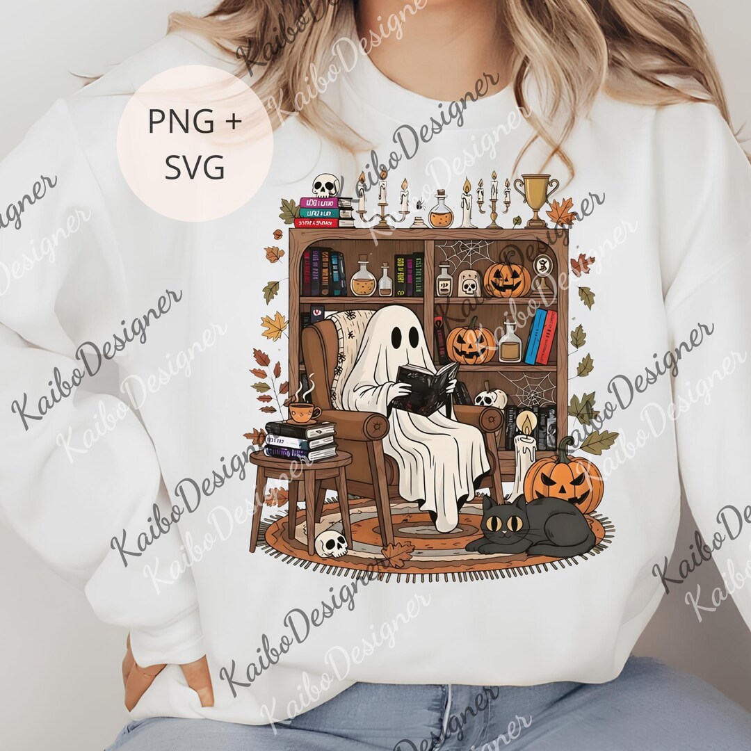 Retro Cozy Ghost Reading Books Png, Haunting Adeline Png, Library Boo ...
