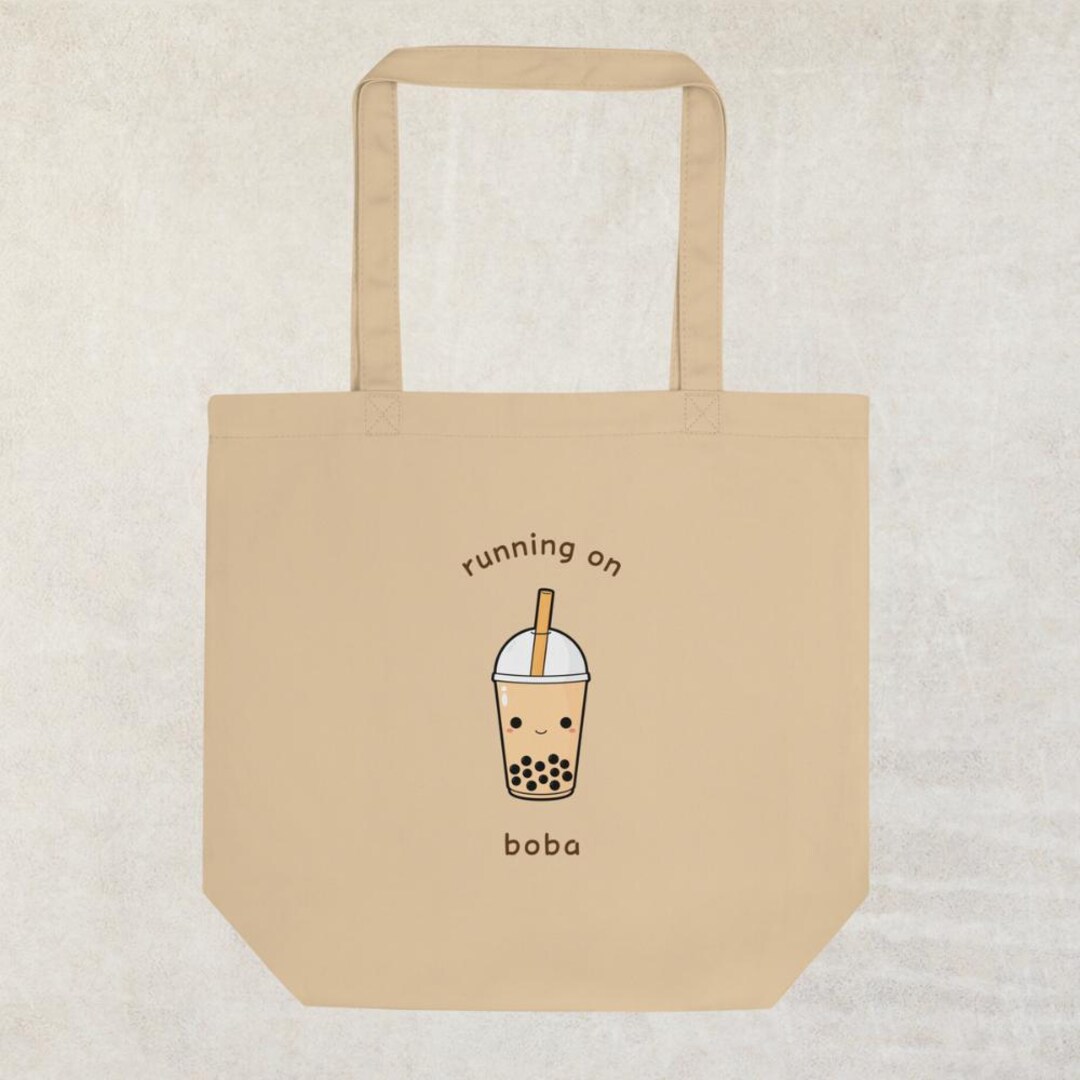 Cute Bubble Tea Tote Bag, 100% Organic Cotton Tote Bag, Running on Boba ...