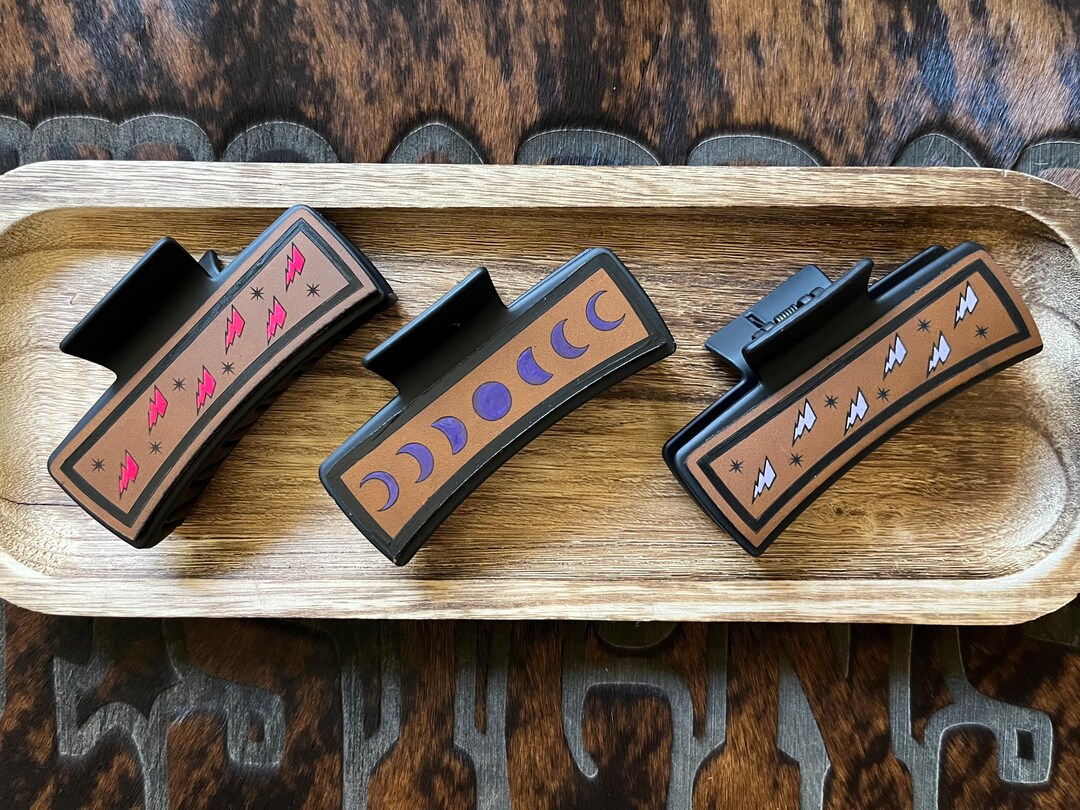 Laser Engraved Leather Claw Clip: Lightning Bolts or Moons - Etsy