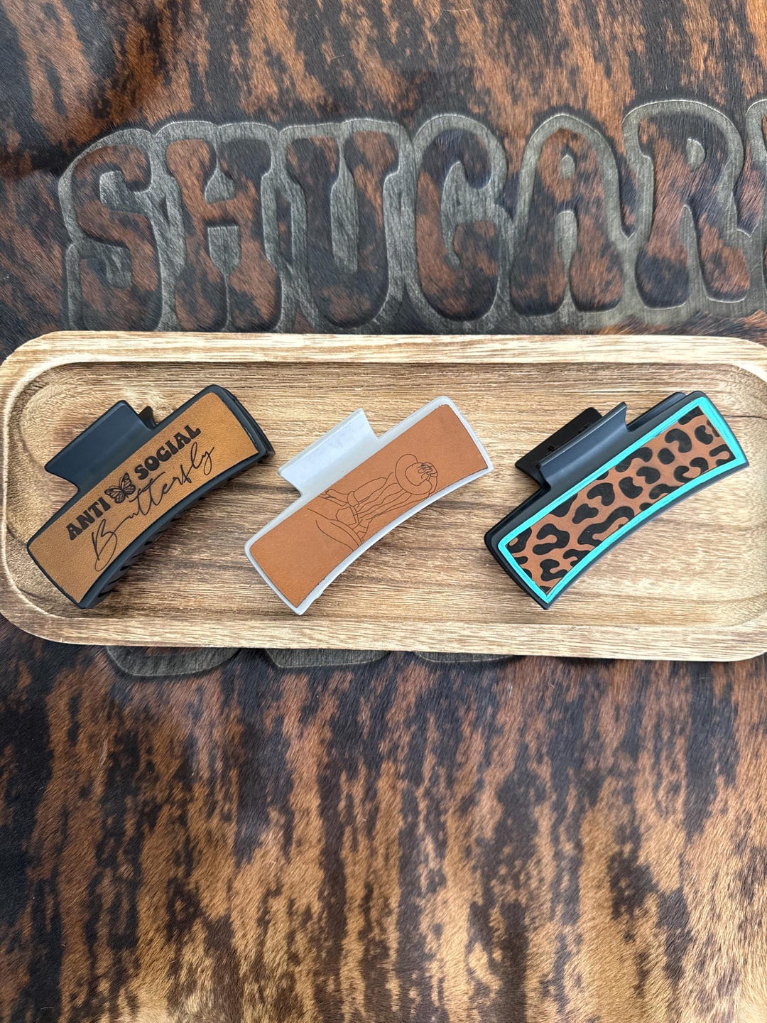 Laser Engraved Leather Claw Clip: Cheetah, Cowgirl, Anti Social - Etsy
