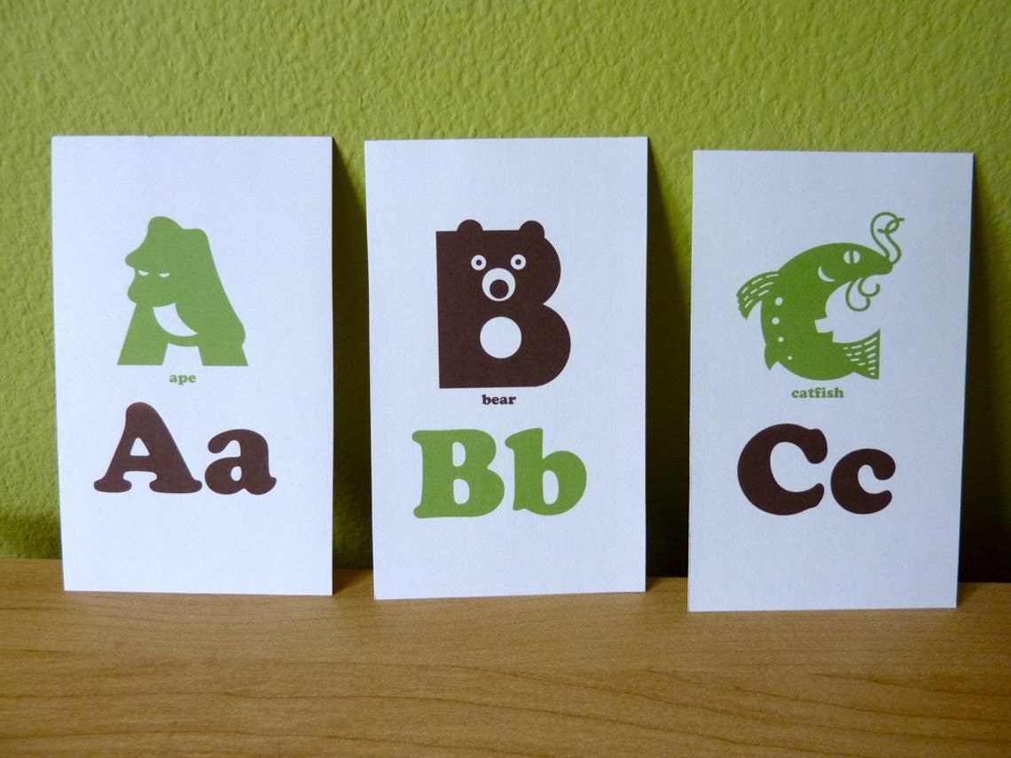 Animal Alphabet Flash Cards 3x5 Printable PDF Green & Brown - Etsy
