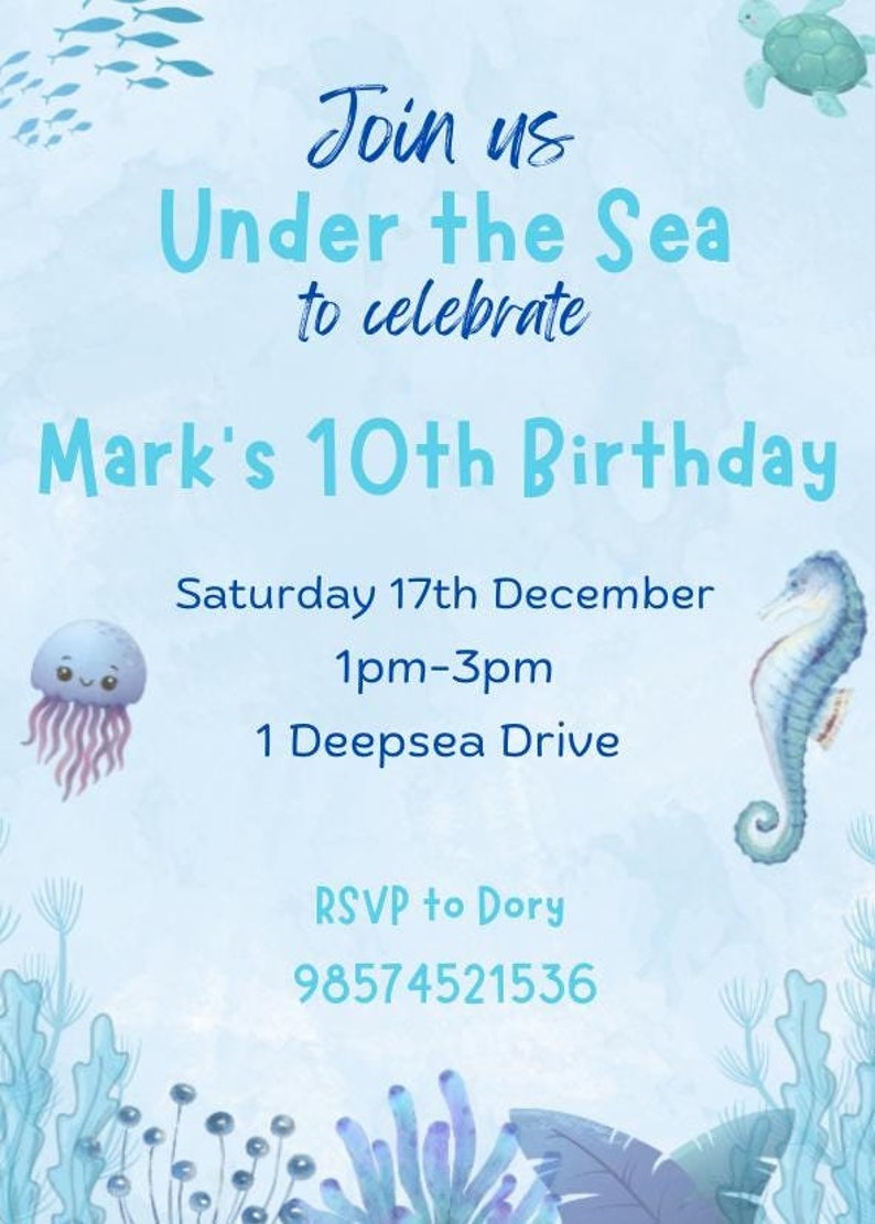 Editable Under the Sea Party Invitation, Digital Invitation Template ...