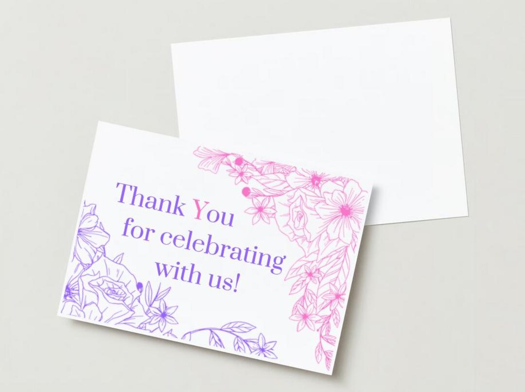 Printable Folded Pink Purple Floral Pattern Thank You Card Both Sides ...