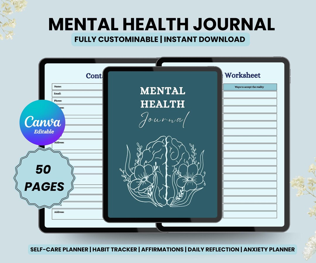 Editable Mental Health Journal Canva Template, Anxiety and Mood Tracker ...