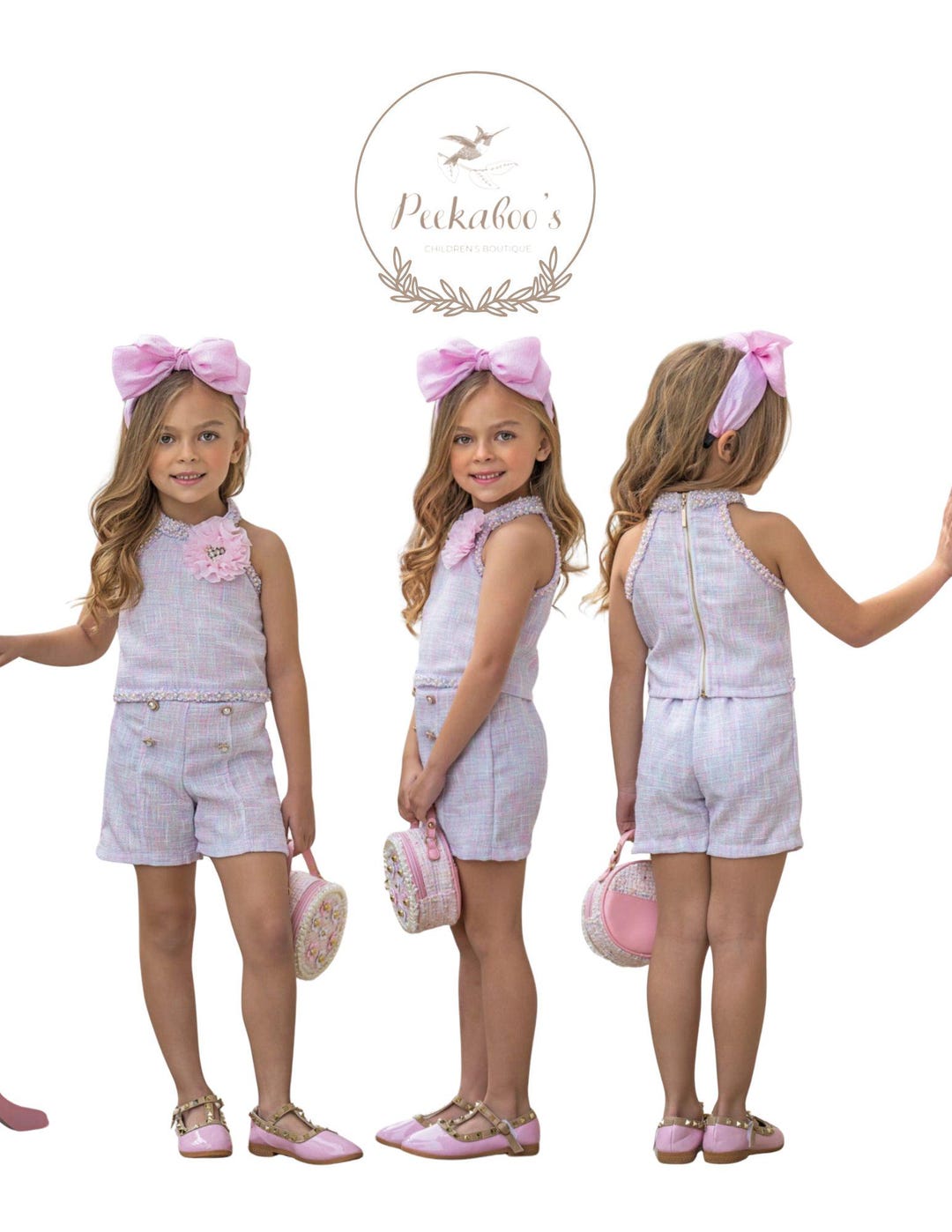 Girls Tweed Lilac Pink Pastel Halter Top & Matching Shorts Set W/ Pearl ...