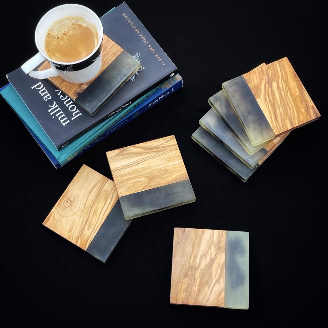 Olive Wood Epoxy Coasters | Square Olive Wood Coasters | Wooden ...