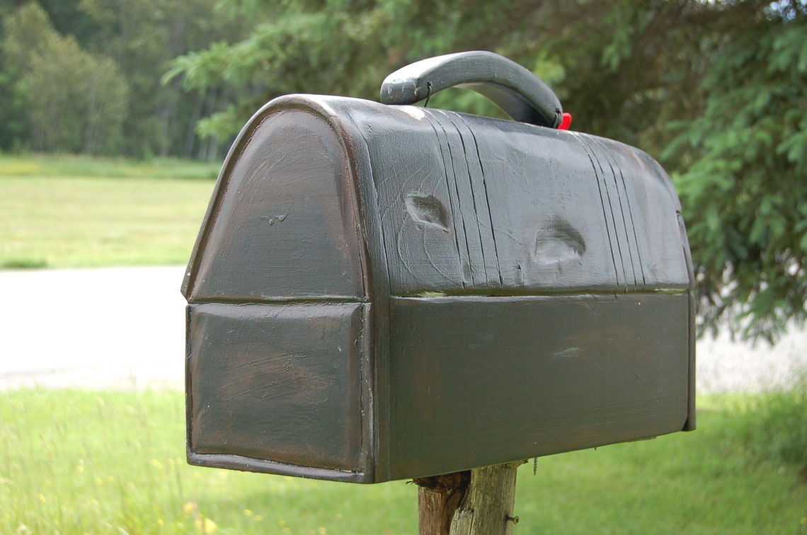 Lunch Pail Mailbox, Lunch Mailbox. Old Black Lunch Box Mailbox, Beaten ...