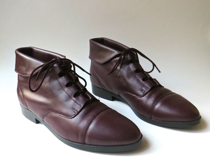 90s Vintage Cuffed Dark Burgundy Leather Ankle Boots / Prima Royale - Etsy