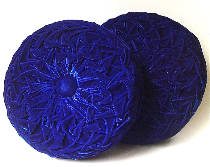 Vintage Round Royal Blue Velveteen Smocked Pillows - Etsy