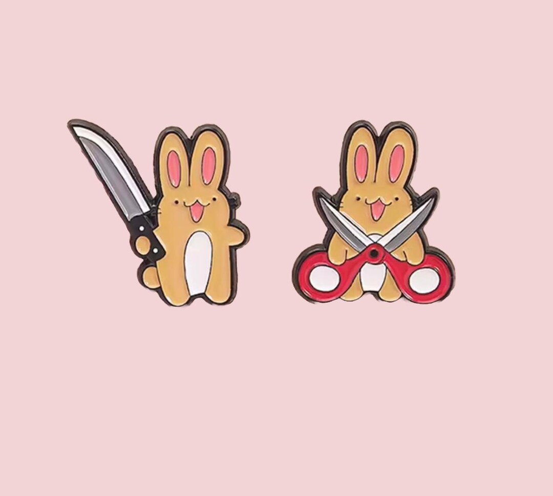 Cartoon Rabbit With Knife Enamel Pin – Cute Bunny With Scissors, Funny ...