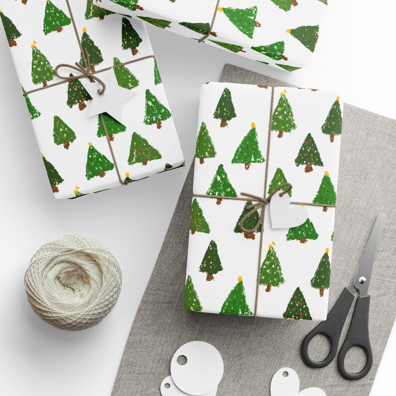 Christmas Tree Pattern Wrapping Paper - White Background | Hand Drawn ...
