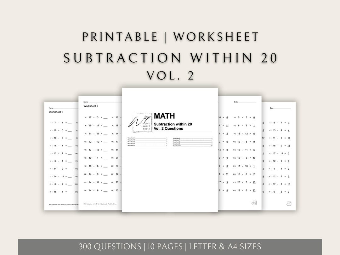 Subtraction Within 20 Vol. 2, Printable Worksheets, Basic Math, 1st ...
