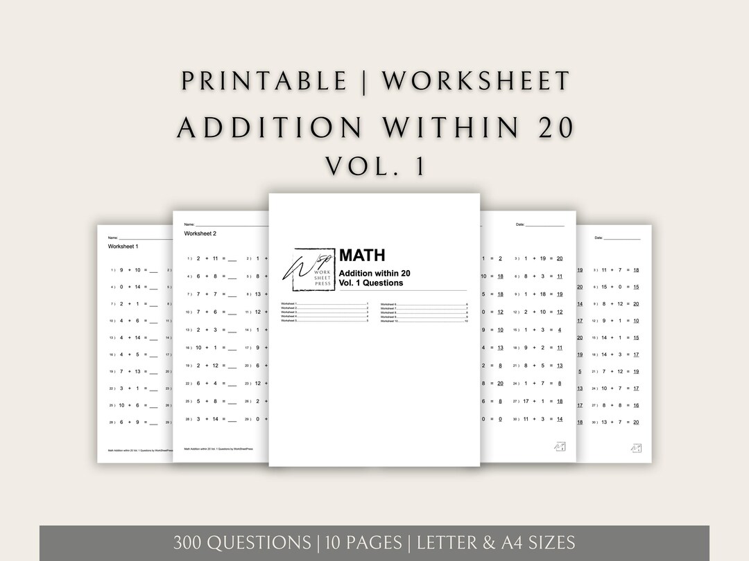 Addition Within 20 Vol. 1, Printable Worksheets, Basic Math, 1st Grade ...