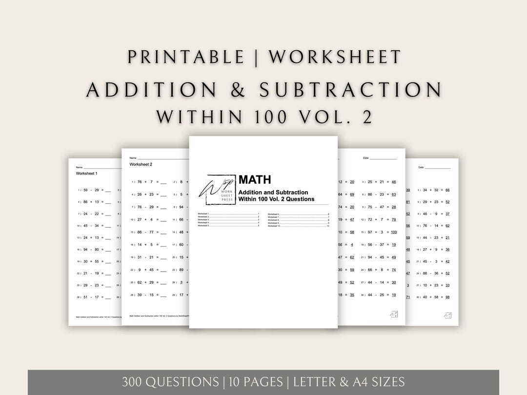 Addition & Subtraction Within 100 Vol. 2, Printable Worksheets, Basic ...