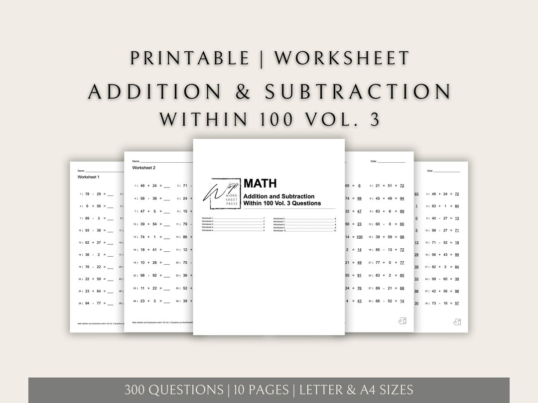 Addition & Subtraction Within 100 Vol. 3, Printable Worksheets, Basic ...