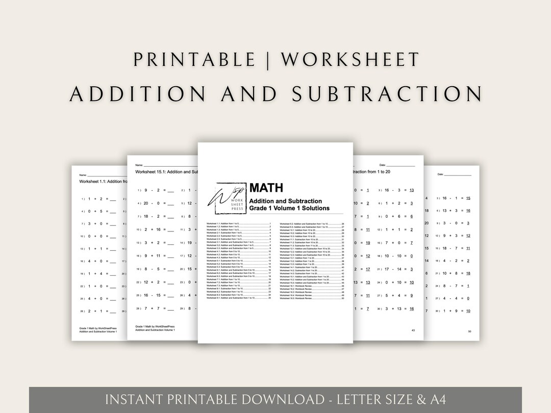 Math Worksheets Addition and Subtraction Grade 1 Volume 1: 50-page ...