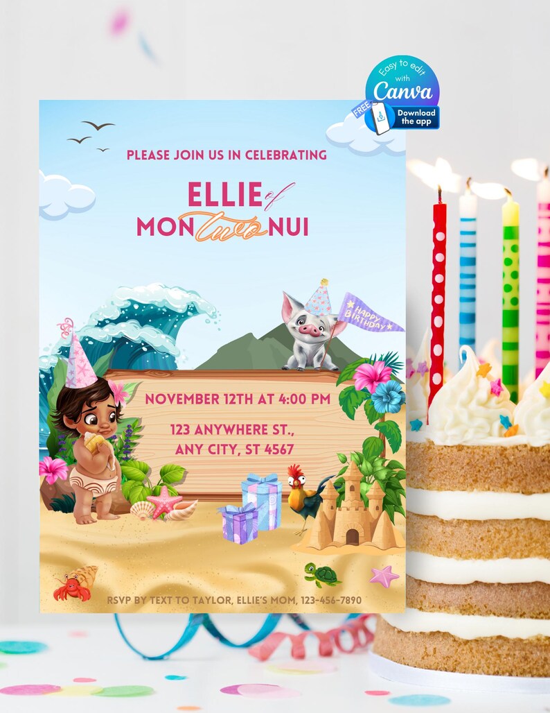 Editable Moana Birthday Invitation Kids Theme Party Invitation Template ...