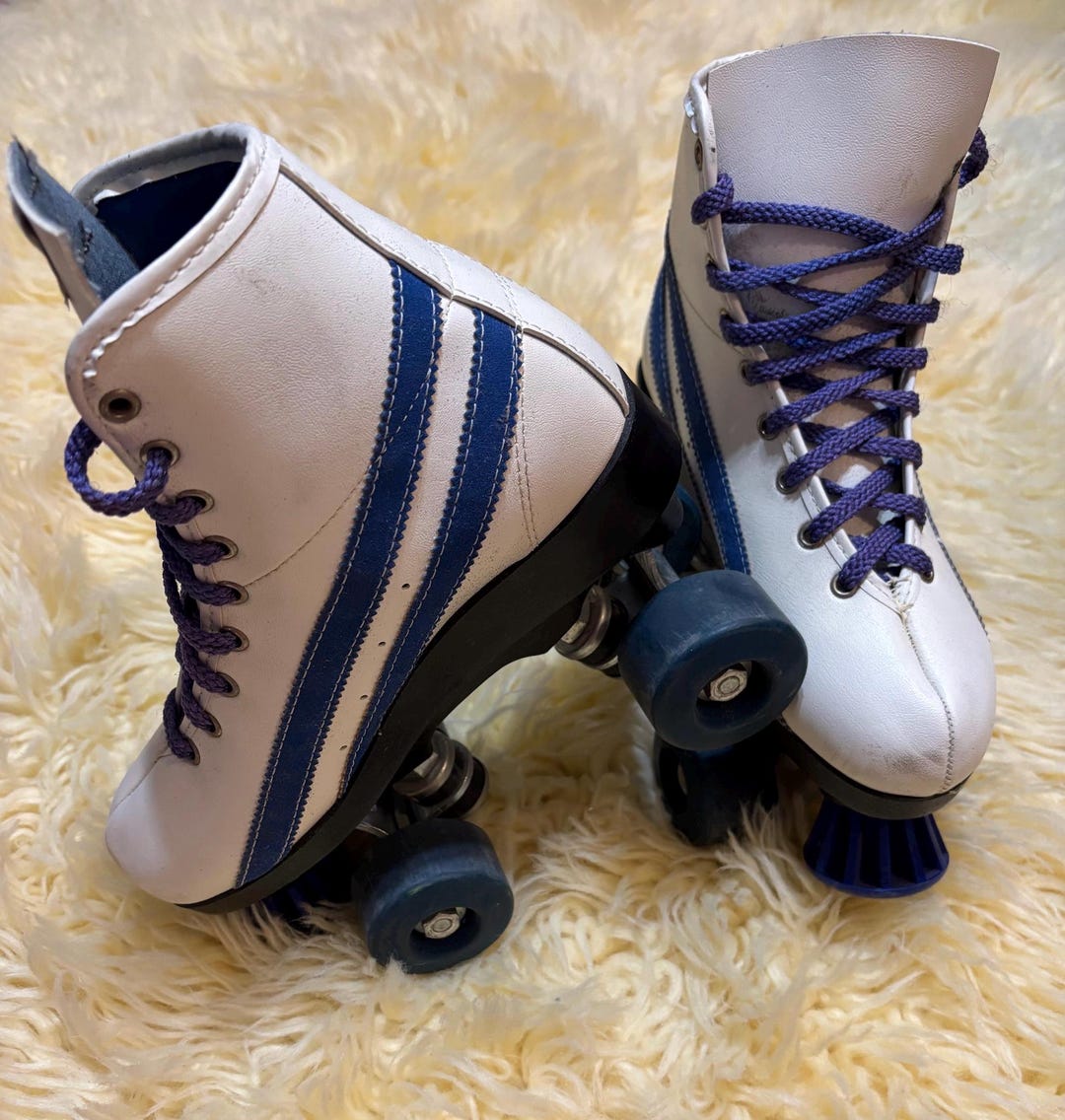 Vintage White & Blue Quad Roller Skates - Size 3 - Retro High-top With ...