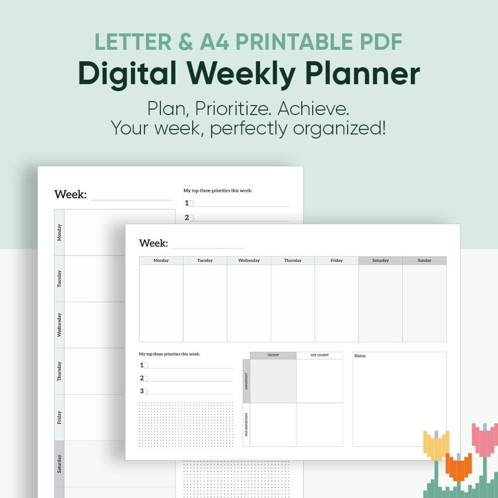 Printable Weekly Planner Template | A4 & Letter Size | Monday or Sunday ...