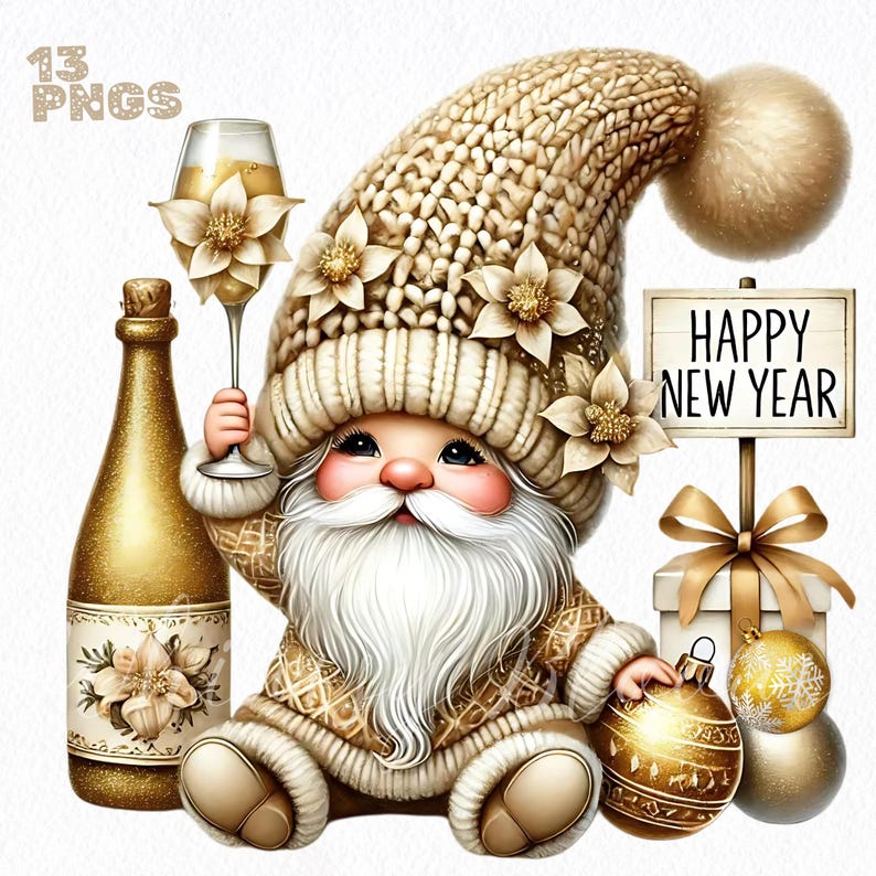13 Beige New Year Gnome Clipart Bundle, Cozy Holiday Gnome PNG, Digital ...