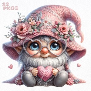 Pink Floral Valentine's Gnome Clipart PNG, Romantic Love, Valentine's ...