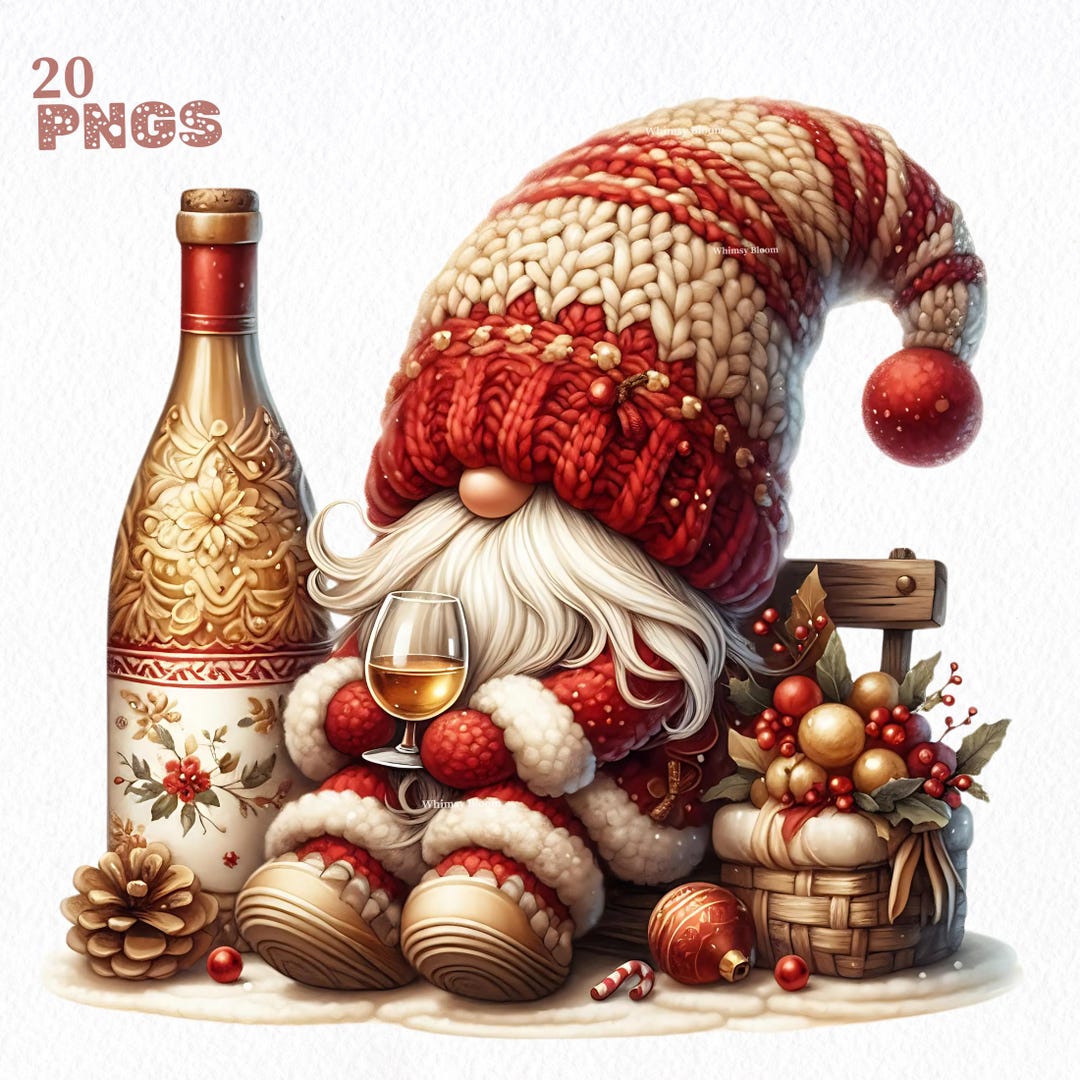 Red Christmas Wine Bottle Gnome Clipart Bundle, Christmas Gnome Clip ...