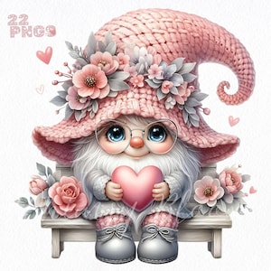 Pink Floral Valentine's Gnome Clipart PNG, Romantic Love, Valentine's ...