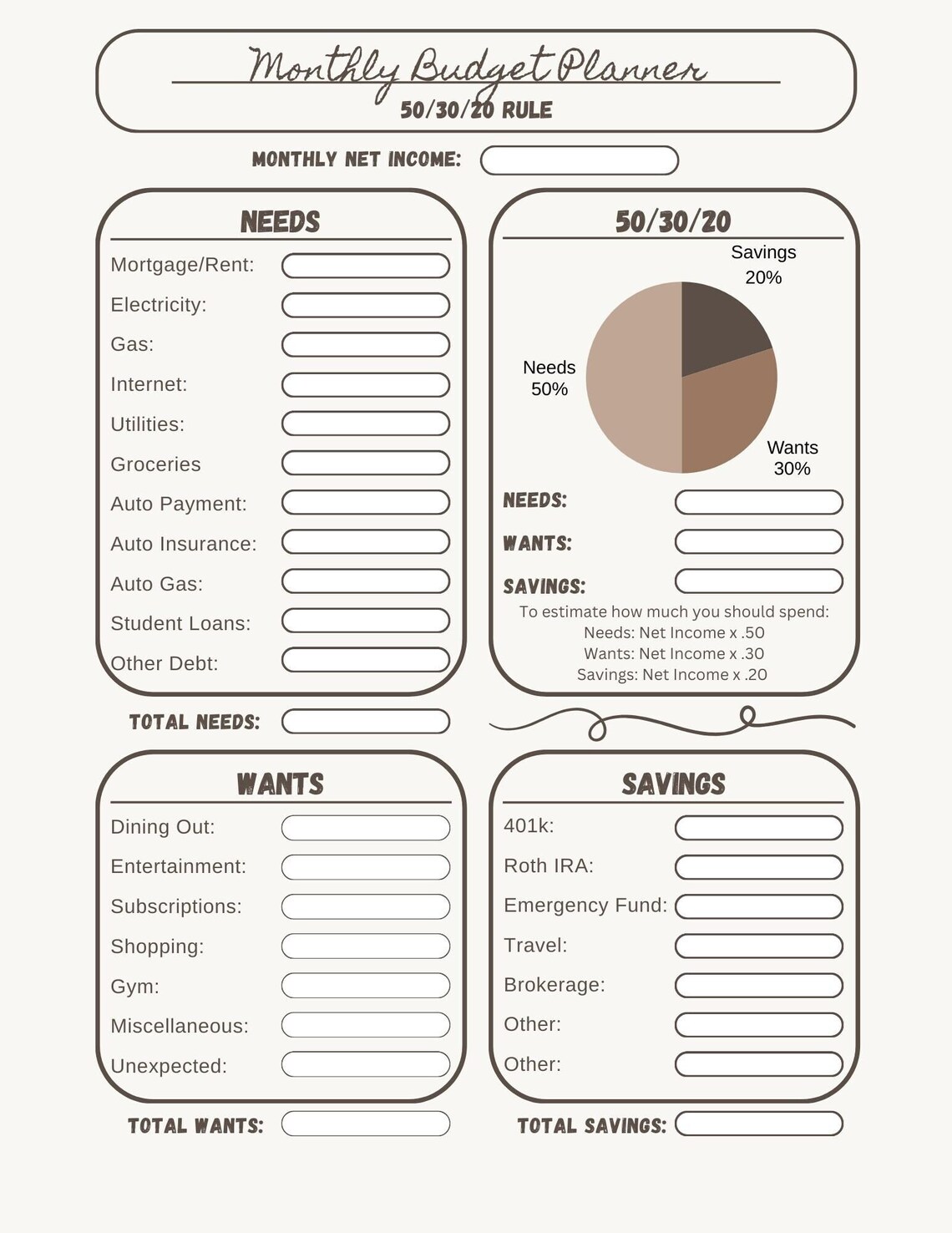 Editable Monthly Budget Planner - 50/30/20 Rule - Etsy