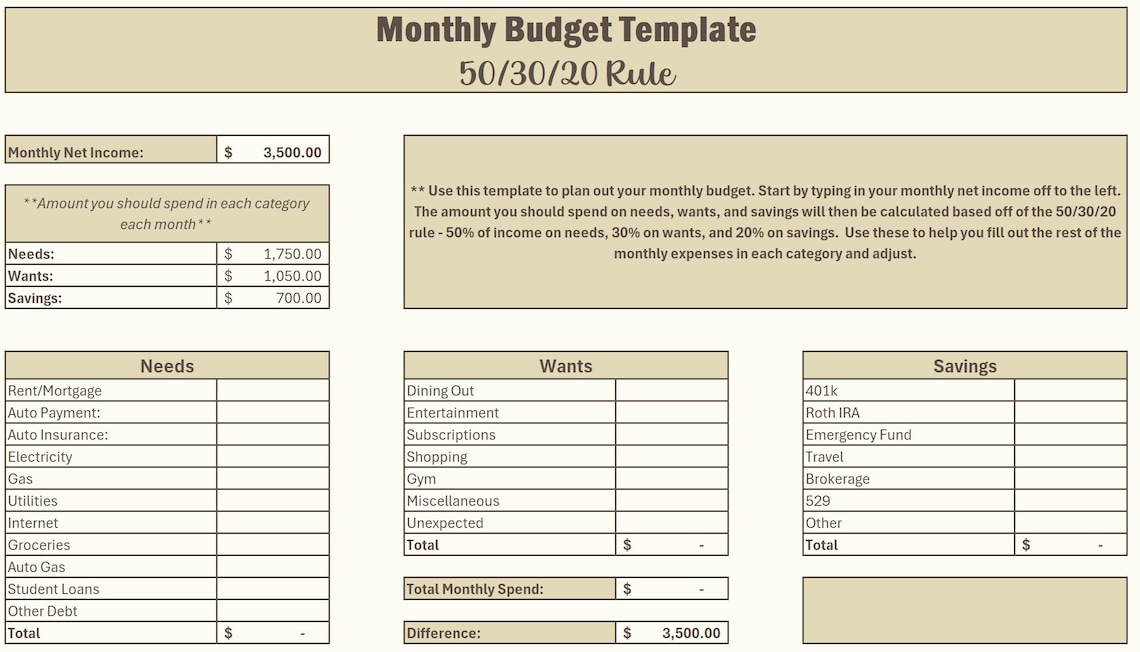 Editable Monthly Budget Excel Template - 50/30/20 Rule - Etsy
