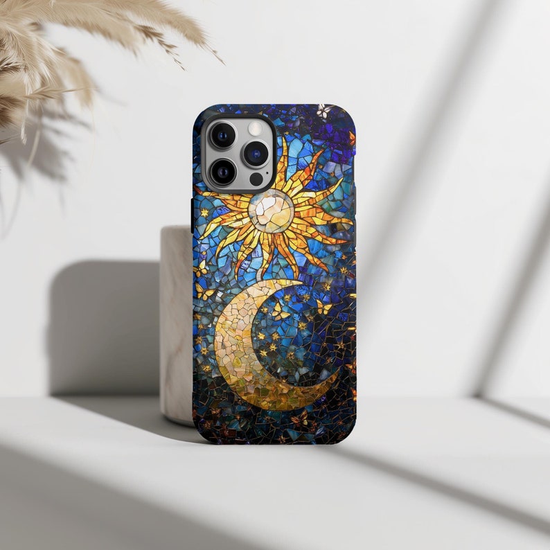Stained Glass Sun and Moon Phone Case Celestial Starry Night Mosaic ...