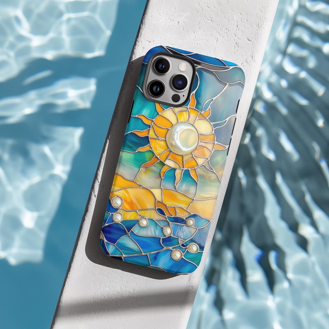 Stained Glass Sun and Sea Phone Case | Celestial Blue Sky Crescent Moon ...