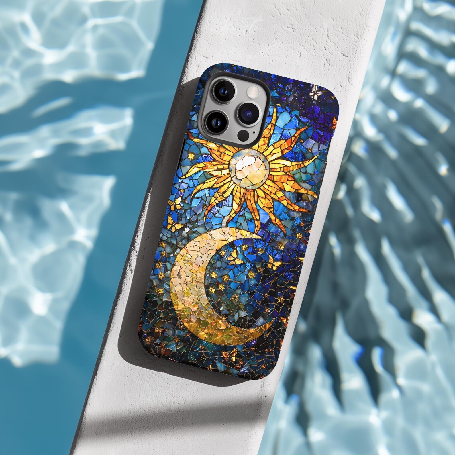 Stained Glass Sun and Moon Phone Case Celestial Starry Night Mosaic ...
