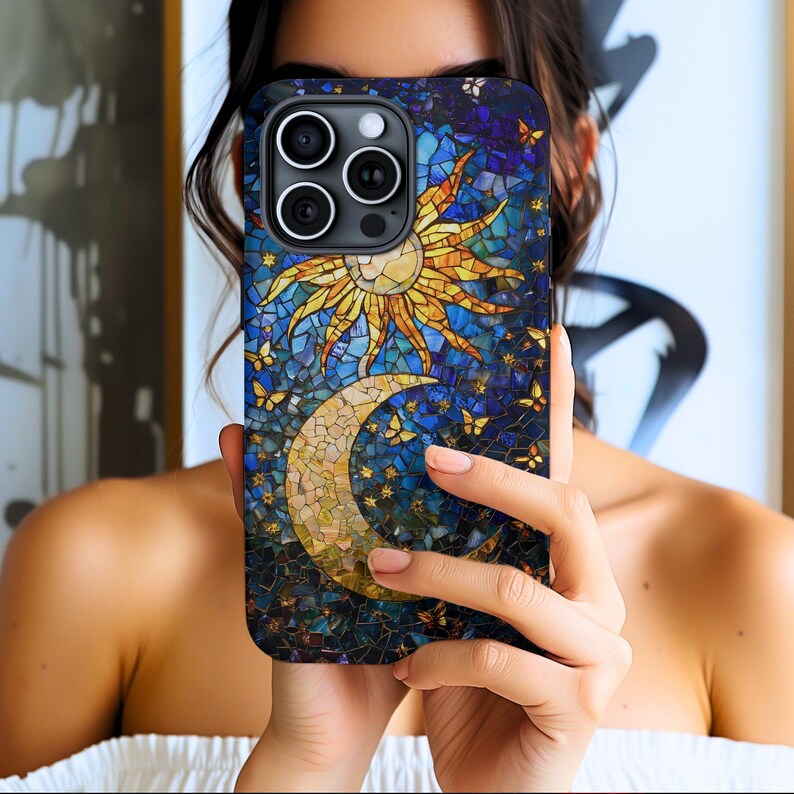 Stained Glass Sun and Moon Phone Case Celestial Starry Night Mosaic ...