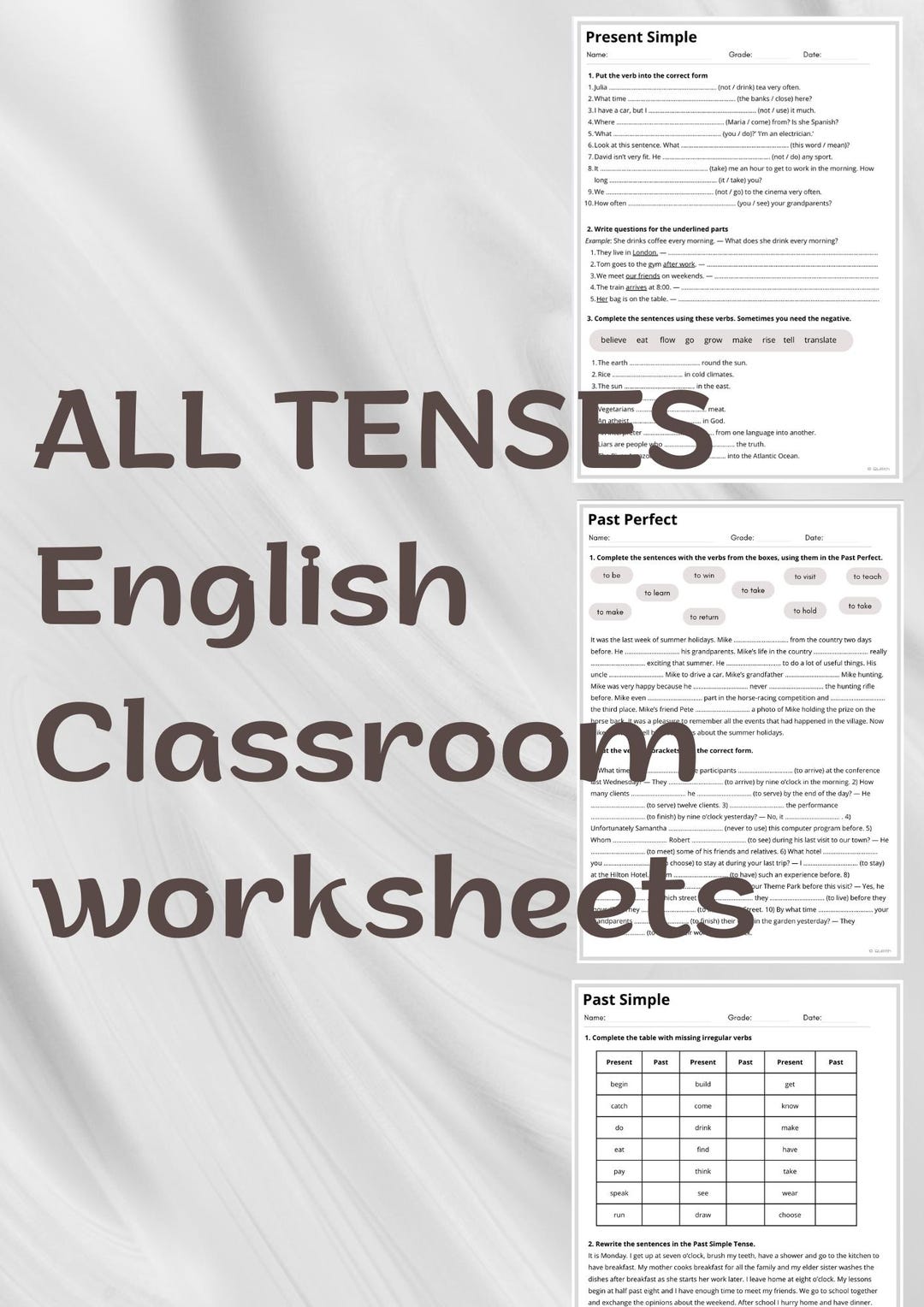 Grammar Worksheets Bundle Pdf: 20 Worksheets (tense + Vs Comparisons ...