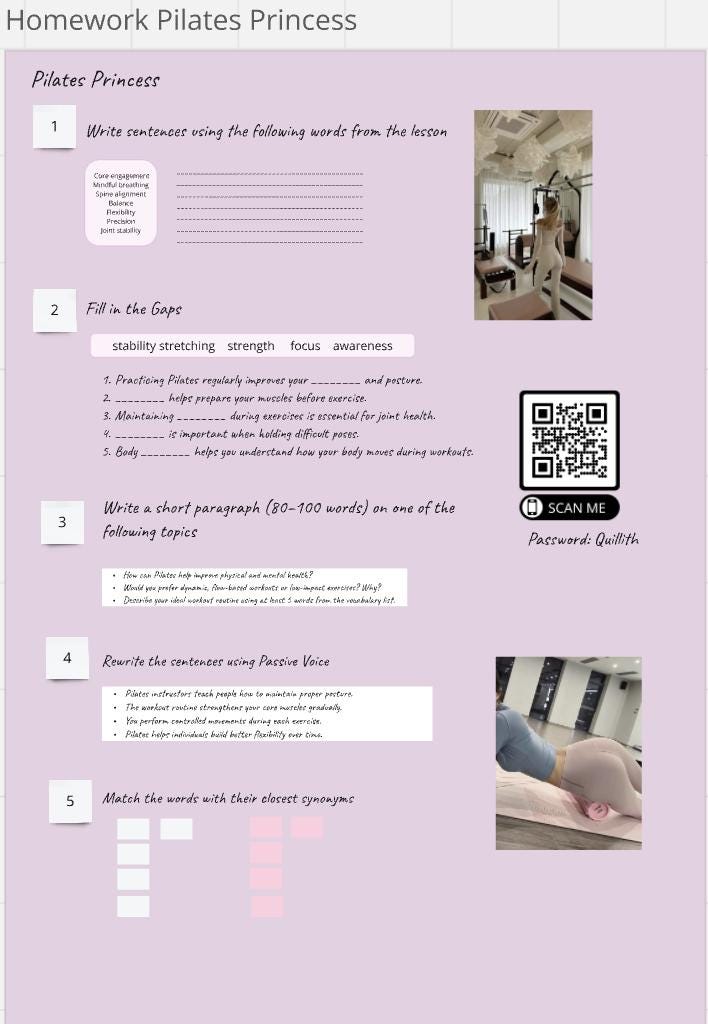 Pilates Princess English Worksheets Bundle | Lesson Plan, Homework ...