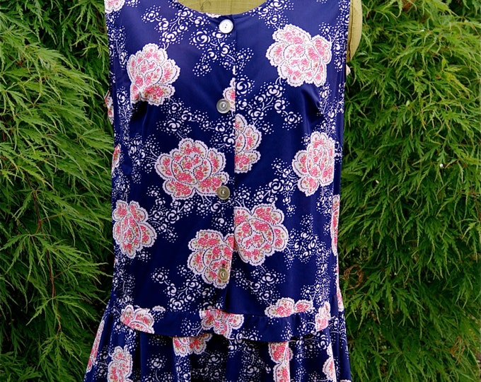 1970s Sizzler Mini Dress With Shorts Drop Waist Floral Pattern in Blue ...