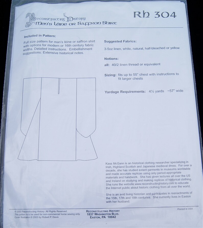 SALE Men's Leine or Saffron Shirt Sewing Pattern Reconstructing History ...