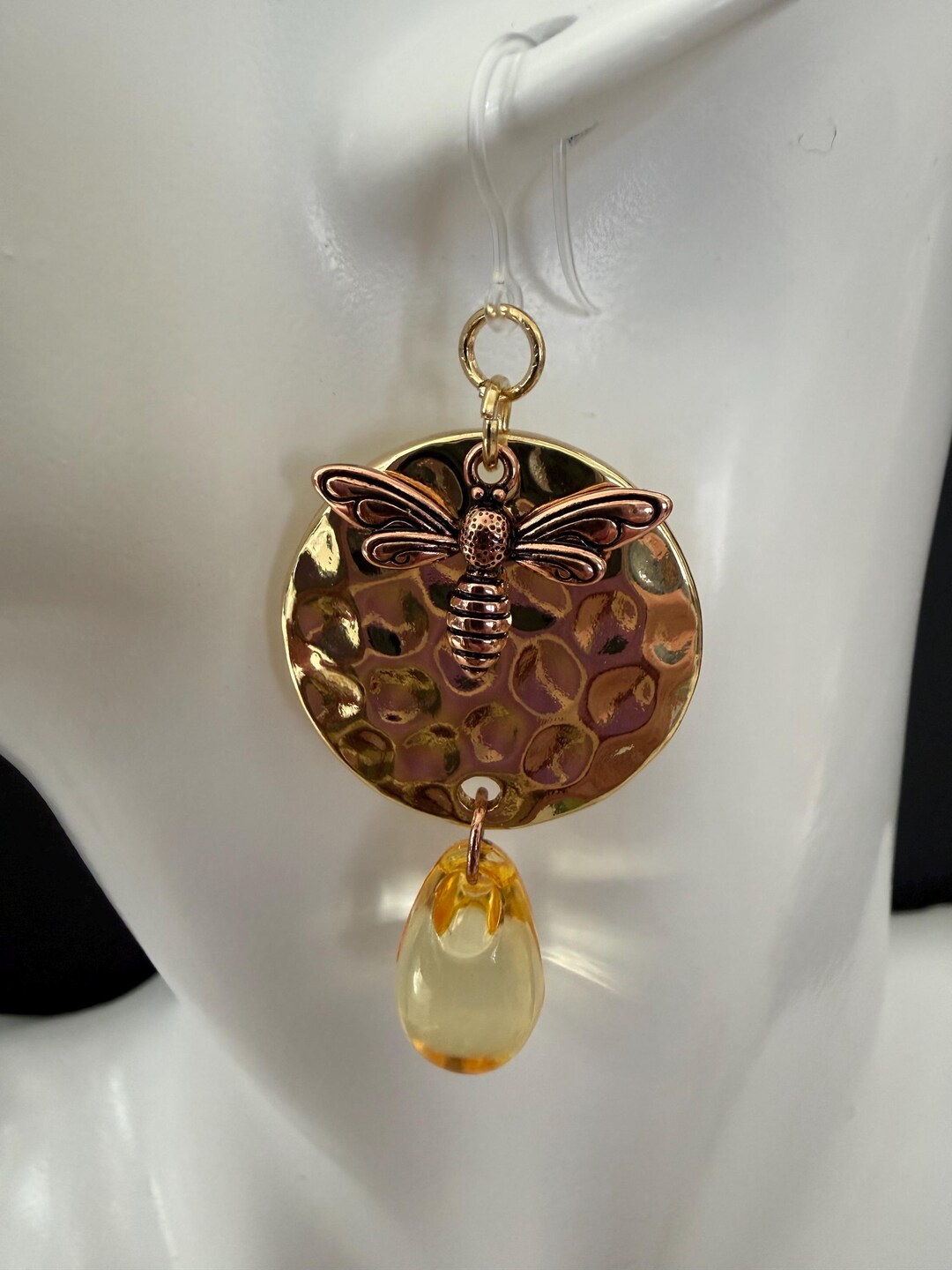 Copper Bee With Hammered Metal and Gold Bead Plastic Earrings ...