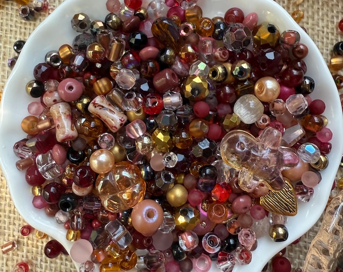 SMALL Mixed Glass and Glass Crystal Beads Assortment, Red and Gold ...