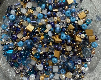 SMALL Glass and Glass Crystal Bead Mix, Blue Color Mix, Beads for DIY ...