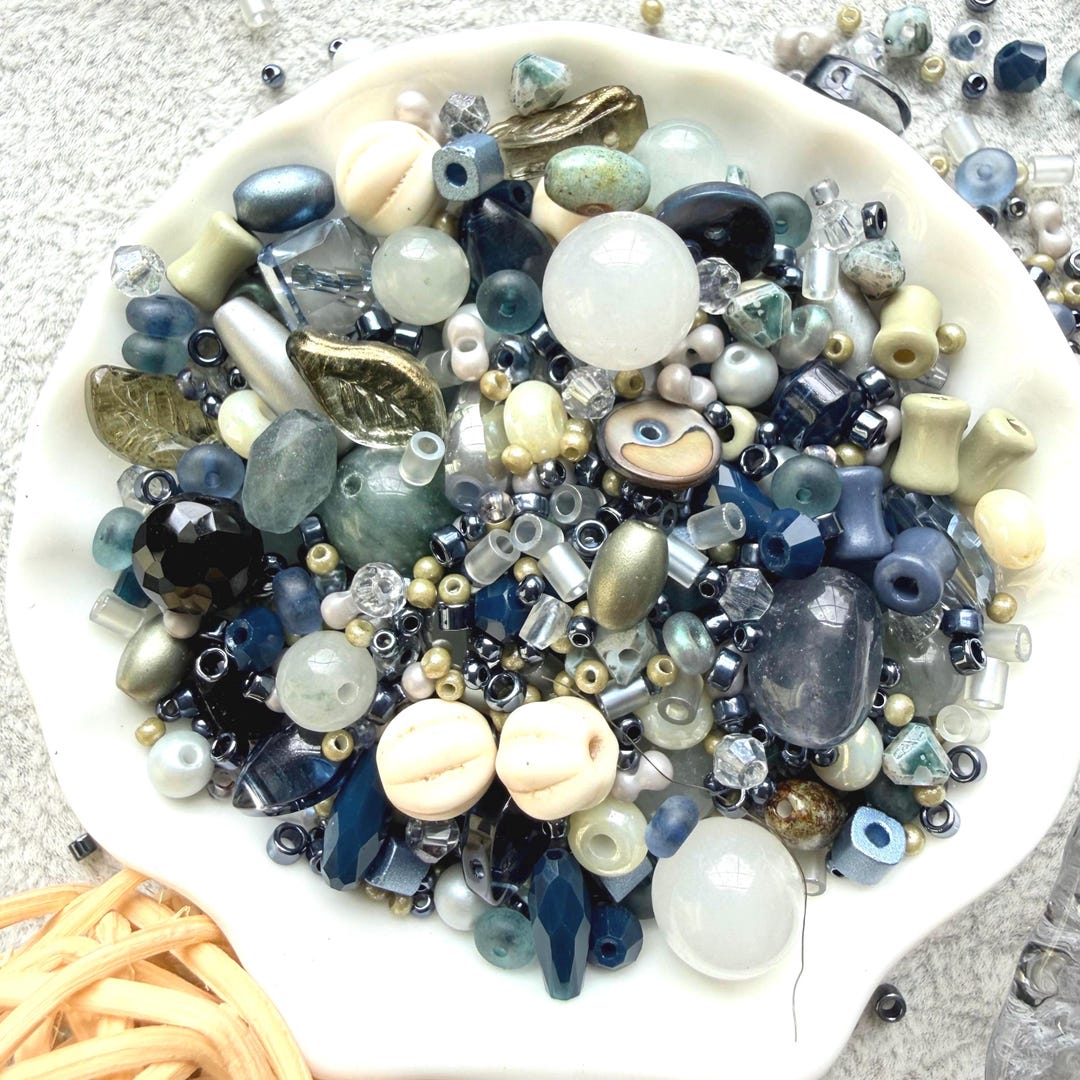 SMALL Mixed Glass Beads Assortment, Dusty Blue and Cream White, Seed ...