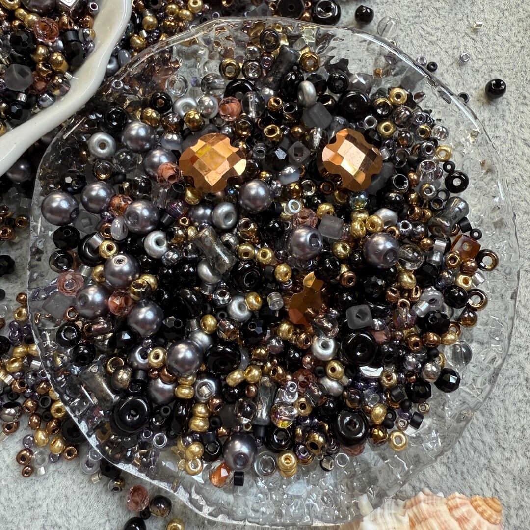 SMALL Glass and Glass Crystal Bead Mix, Black Gold Silver, Beads for ...