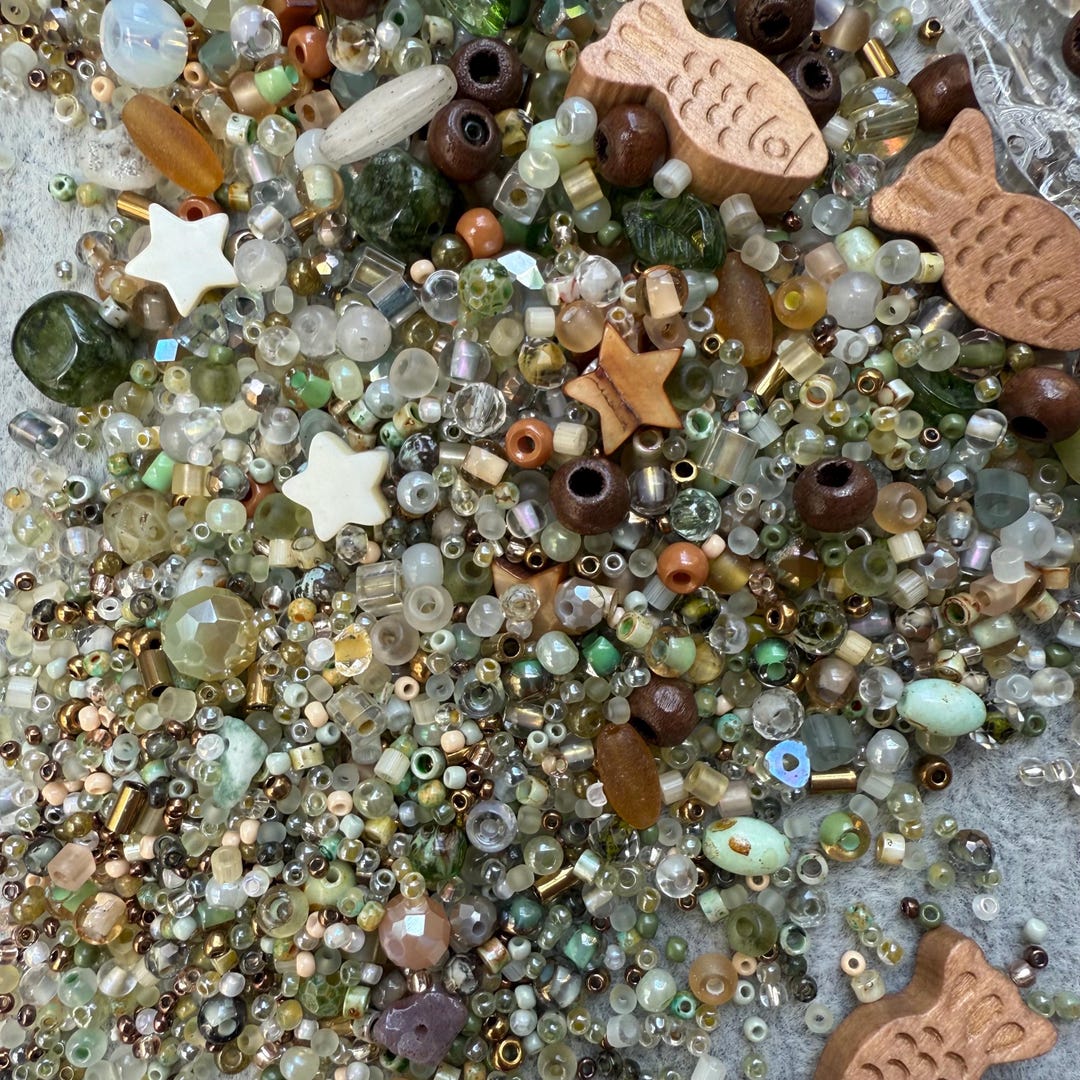 SMALL Glass and Glass Crystal Bead Mix, Light Green Brown , Beads for ...