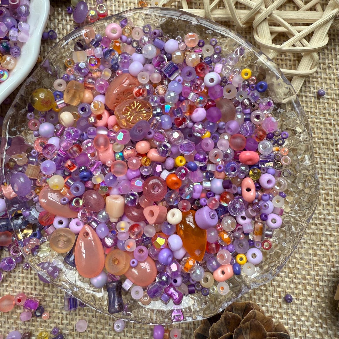 SMALL Glass and Glass Crystal and Shells Bead Mix, Purple and Peach ...