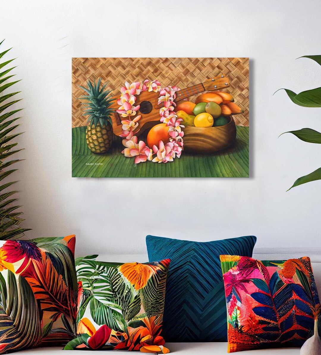 Vintage Uke, Fruit + Lei Giclée Canvas Print | Built-in Frame | 3 Sizes ...