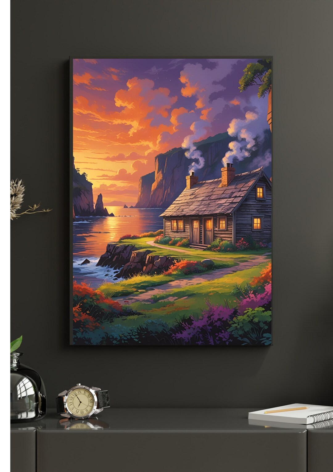 Coastal Cottage Sunset Print: Cottagecore Cabin Wall Art (digital ...