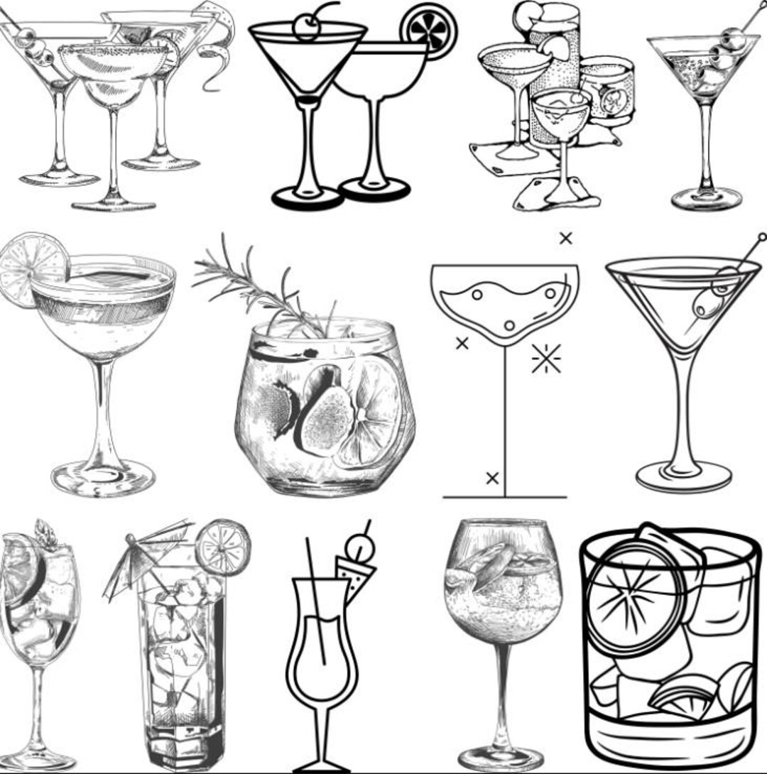 Cocktail Line Drawings - SVG, PNG, JPG, Digital Cut File, Cocktail ...