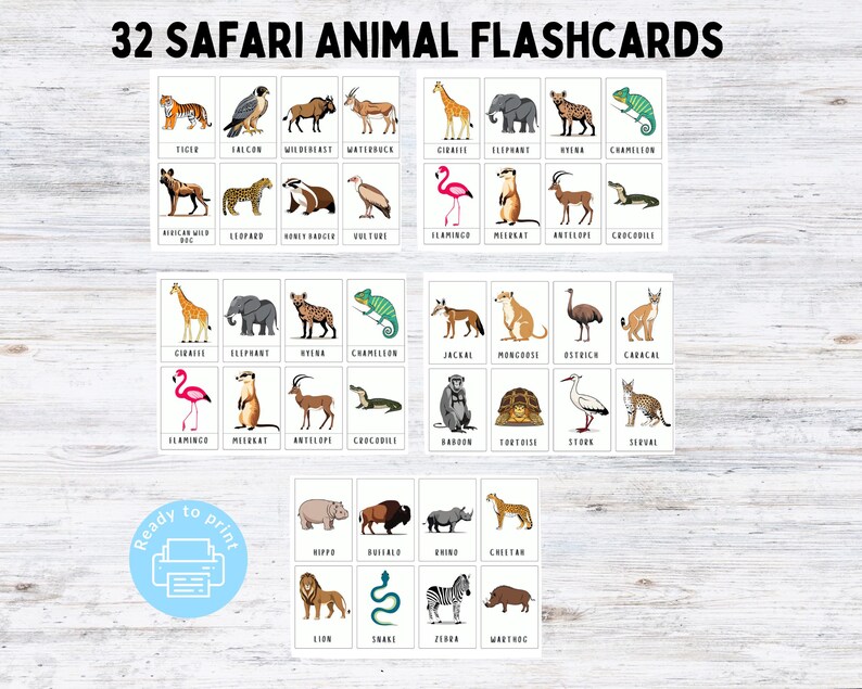 32 Safari Animals Flashcards, Montessori Flashcards, Printable Animal ...